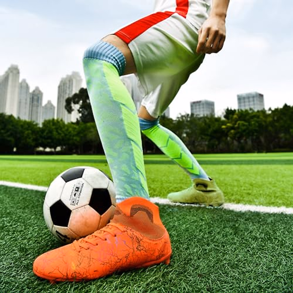 ESXGED Womens High Top Lightweight Soccer Cleats Mens Comfy Football Boots Spikes Shoes Training Sports Sneakers Green-Orange Size 9.5w/8m