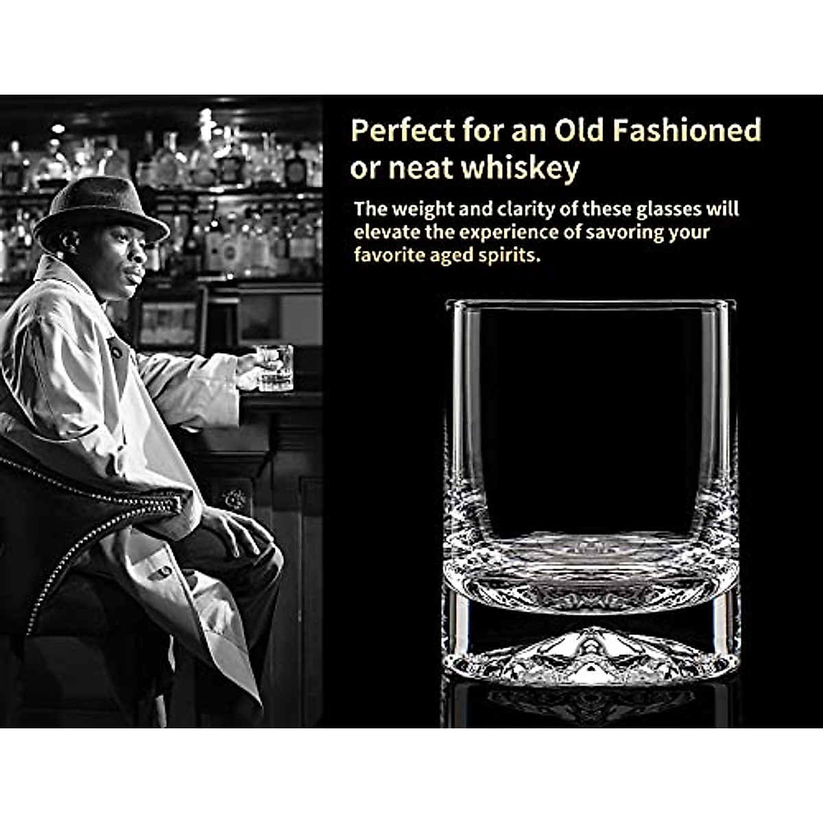 JBHO Hand Blown Crystal Double Old Fashioned Cocktail, Solid Whiskey Glasses, Rocks Glasses, Lowball Glasses - 12 Ounce - set of 2 - Perfect Size for Oversized Ice Cubes