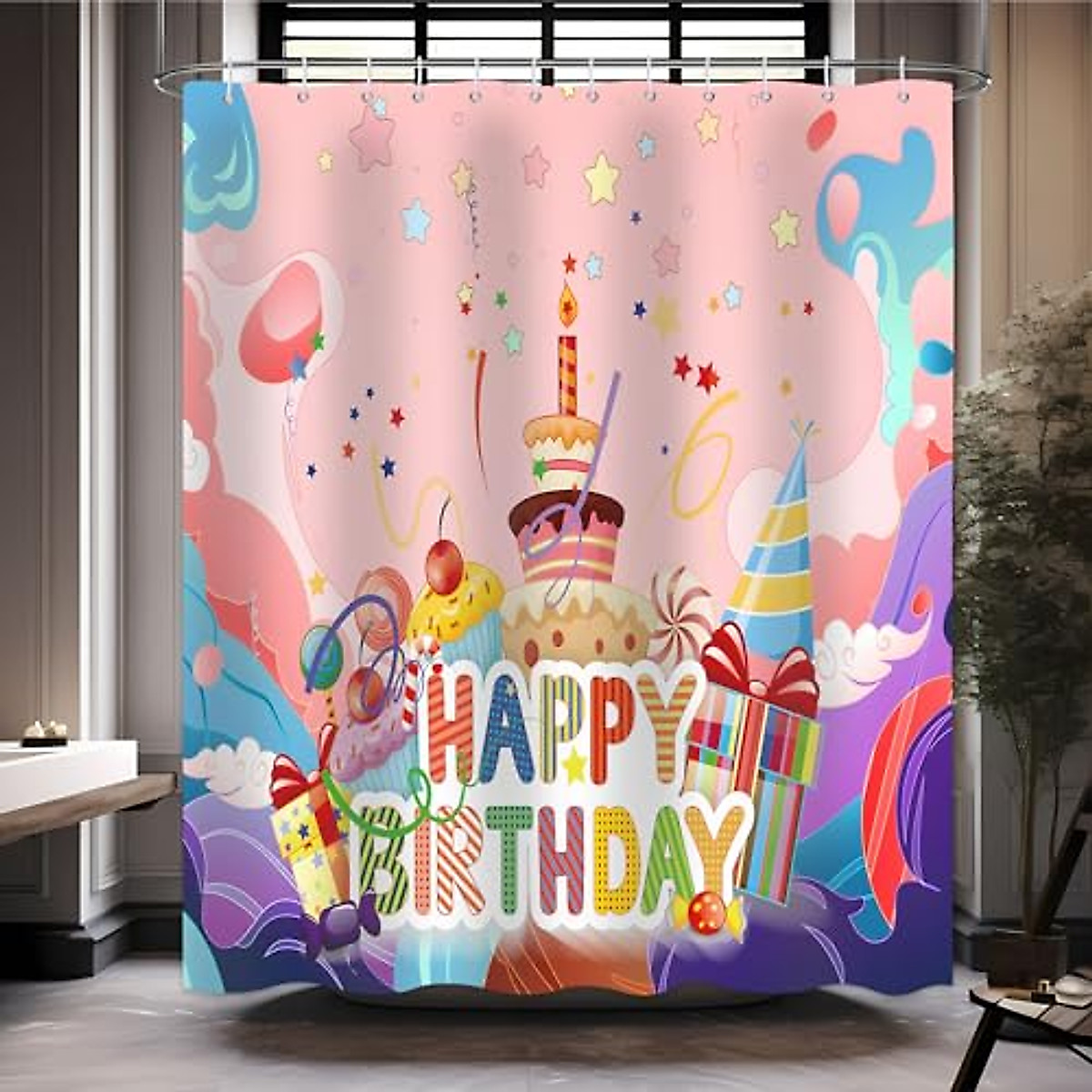 DLTAY Happy Birthday Shower Curtain, Birthday Cake Pattern Celebration Fete Day Birthday Party Decorations Gift Cute Pink Bathroom Decor Set with 12 Hooks, 72x72 inches