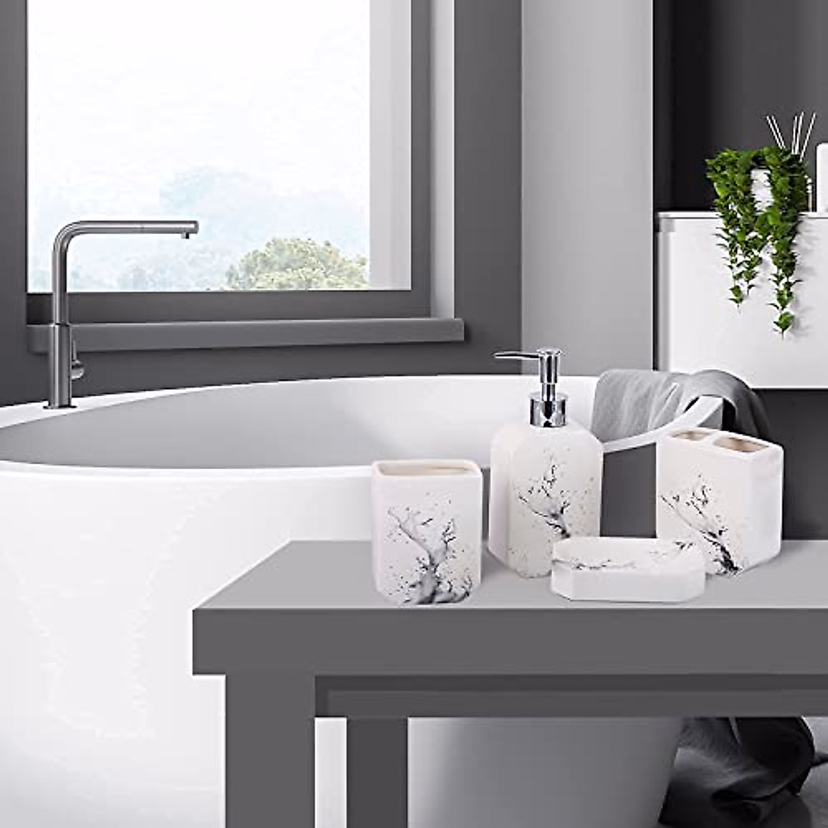 BASDHE Bathroom Accessories Set 5 Pcs - Lotion Soap Dispenser,Toothbrush Holder,Rinsing Cup, Soap Dish,Rectangular Trash Can Storage Bin, House Decor (Grey)