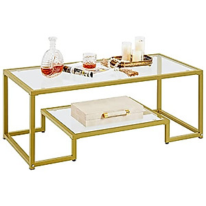 Yaheetech Rectangular Coffee Table, Tempered Glass Coffee Table with 2 Tier Storage Shelf, Modern Center Tea Table with Heavy-Duty Metal Frame for Home Living Room, Gold