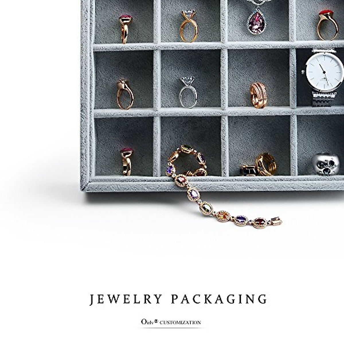 Oirlv 24 Grid Ice Velvet Jewelry Drawer Organizer Tray Stackable Jewelry Trays Removable Dividers for Rings Earring Storage Display