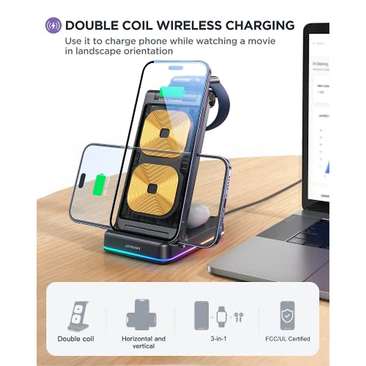 3 in 1 Wireless Charging Station, JOYROOM【Foldable & Double Coil】 Foldable Wireless Charger Compatible with iPhone15/14/13 Pro Max, Apple Watch Ultra/8/7/6/5, and Airpods Pro/2nd/3