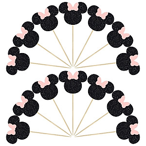 Gyufise Mouse Inspired Cupcake Toppers with Bow Black and Pink Glitter Mouse Cupcake Picks Baby Shower Wedding Kids Birthday Party Cake Decorations Supplies 36 Pack