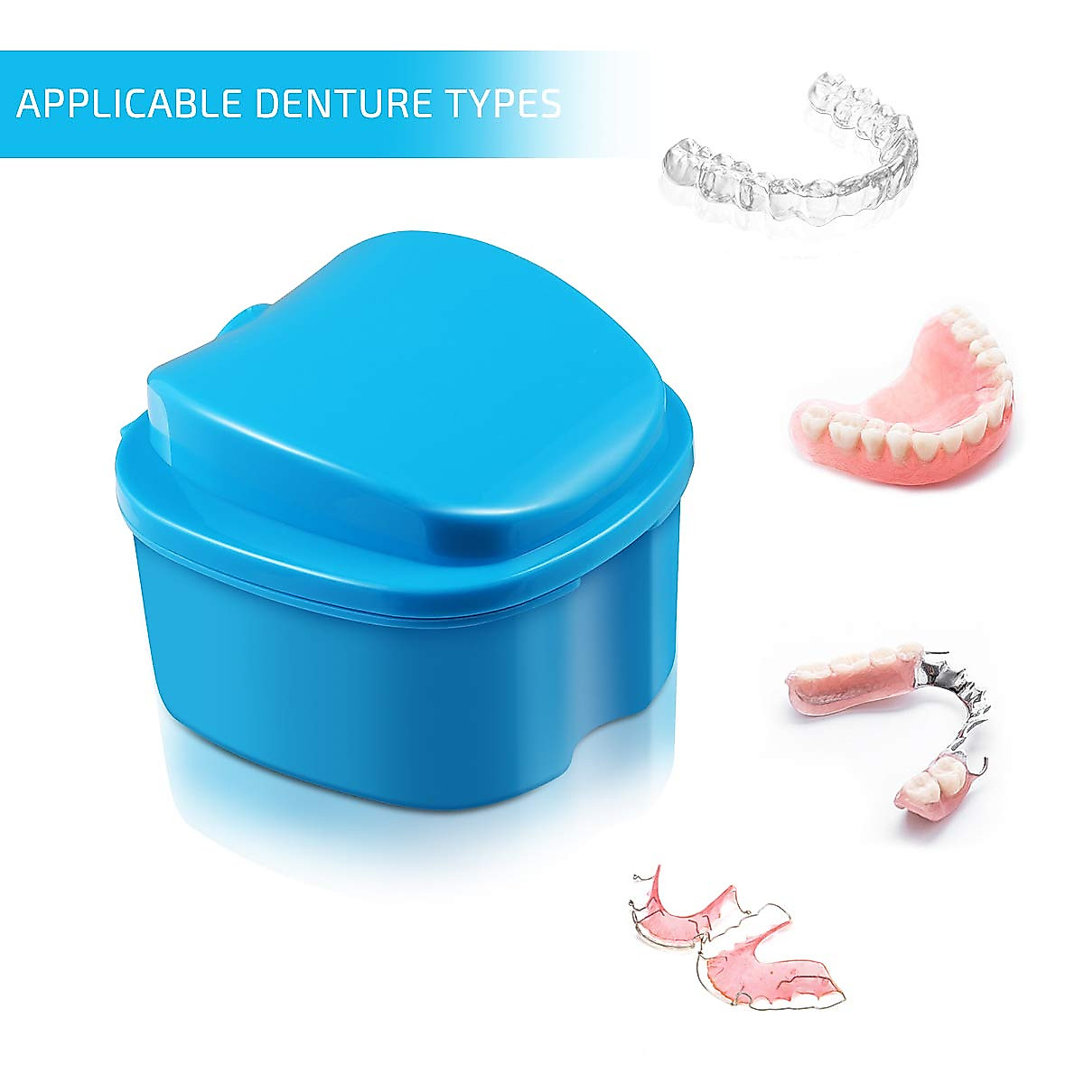 Denture Case Denture Bath Box Case Dental Orthodontic Retainer False Teeth Storage Case Box with Strainer denture cups for soaking dentures (Blue)