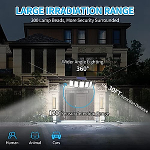 MelonArt Solar Lights Outdoor, 7000K 300 LED Security Lights with Remote Control, 5 Heads 360°Wide Angle Motion Sensor Light, IP65 Waterproof Flood Wall Lights with 3 Modes for Yard Garden, 2 Pack