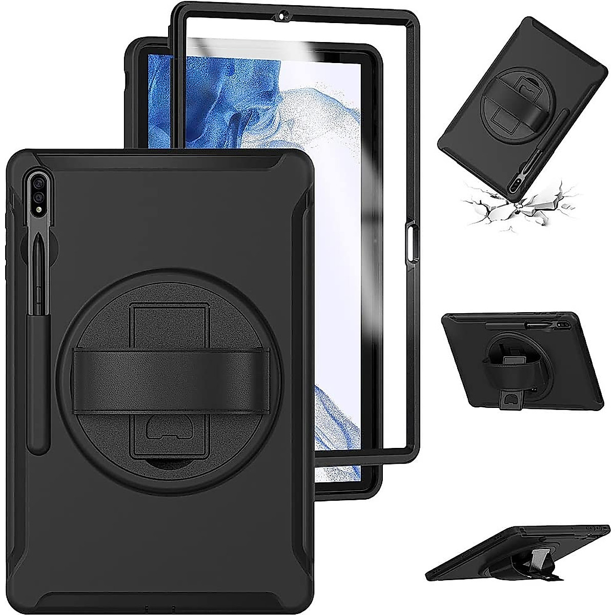 SaharaCase Protection Hand Strap Series Case Cover for Samsung Galaxy Tab S8 Ultra (2022) [Shockproof Bumper] Heavy Duty Rugged Protection Antislip Integrated Kickstand - Black
