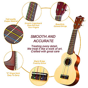 Everjoys Soprano Ukulele Beginner Pack-21 Inch w/Rainbow String Free Online Lesson Gig Bag Fast Learn Songbook Digital Tuner Pick All in One Kit