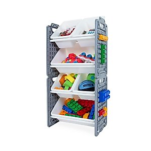 UNiPLAY Toy Organizer with 6 Removable Storage Bins, Multi-Bin Organizer for Books, Building Blocks, School Materials, Toys with Baseplate Board Frame (Gray)