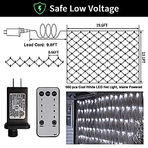 Outdoor String Lights 13.1X19.6Ft Net Bush Light Mains Powered Super Bright 660LED Fence Garden Net Light Plug in Remote Control,Clear Wire,Memory Built-in Timer Curtain Lights for Holiday,Home Decor