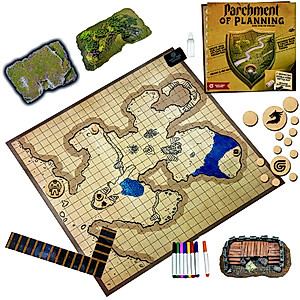 Parchment of Planning - 24x24 Square & Hex Dry Erase Battle Mat Game Board - 60FT Distance Ruler and Monster Tokens