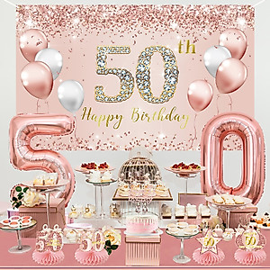 Trgowaul 50th Birthday Decorations for Women,23pcs Rose Gold Happy Birthday Party Supplies,Backdrop, Hanging Swirl Flag,Birthday Balloons,50 Year Old Birthday Set