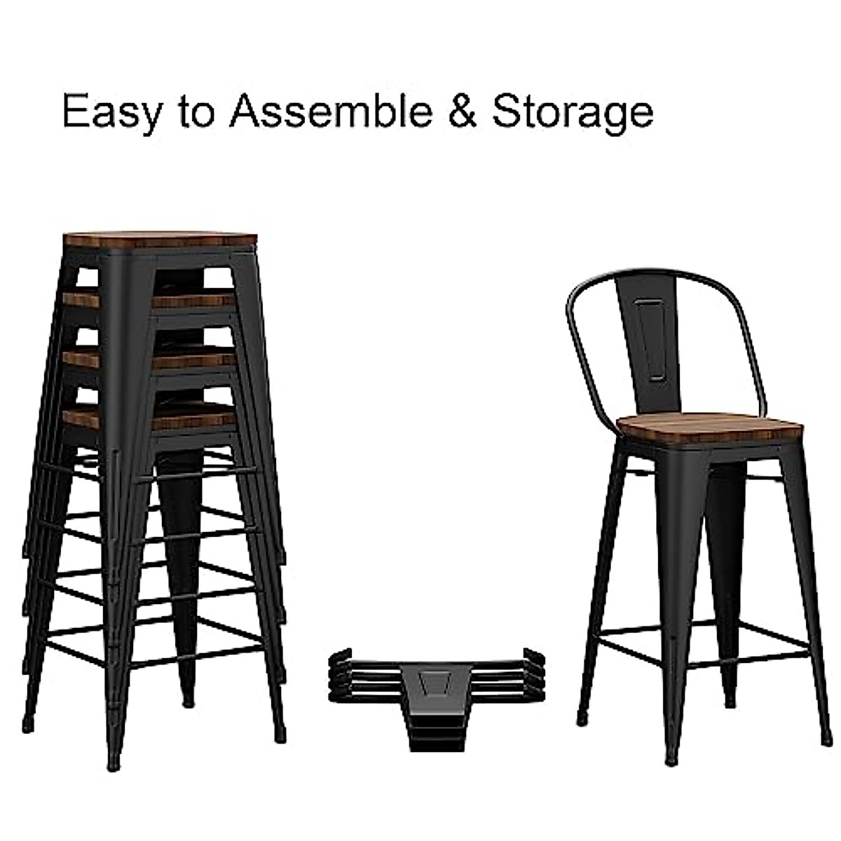 Andeworld 26 Inch Swivel Bar Stools Industrial Metal Barstools High Back Dining Bar Chairs Counter Height Stools with Wooden Seat Set of 4(26inch, Black)