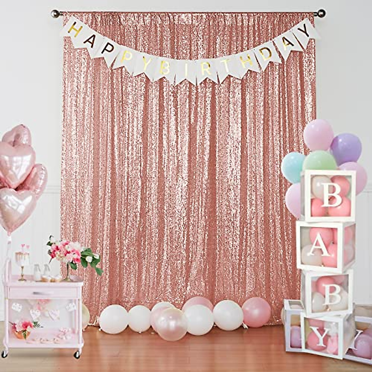 Sugargirl Rose Gold Sequin Backdrop Curtain 4 Panels 2FTx8FT Glitter Rose Gold Background Drapes Sparkle Photography Backdrop for Party Wedding Birthday Wall Decoration