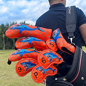 Big Shark Golf Club Head Covers for #2 3 4 5 6 Ut Hybrids, Premium Leather Golf Hybrid Wood Head Cover Headcover Orange for Men/Women/Kids