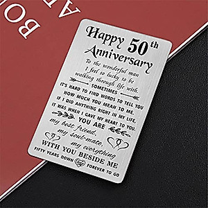 TANWIH 50th Anniversary Card for Husband - 50 Years Down Forever to Go - 50 Year Wedding Anniversary Card Gifts for Him Men, Engraved Metal Wallet Card