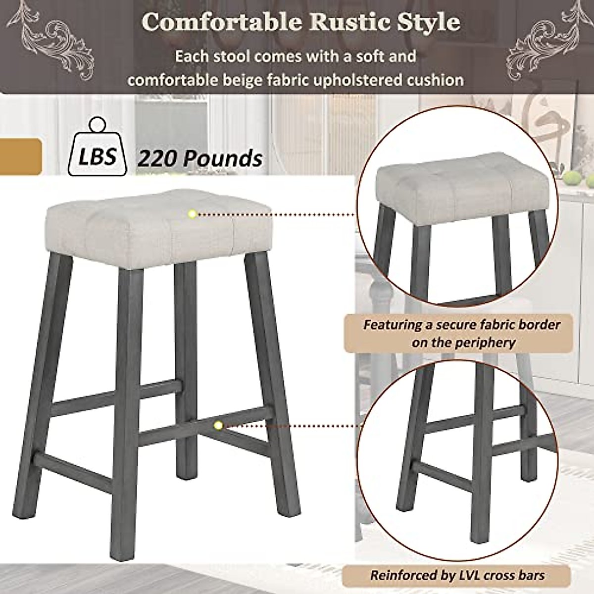 Hlcodca Modern 5-Piece Dining Table Set, Counter Height Dining Furniture with a Rustic Table and 4 Upholstered Stools for Kitchen, Dining Room (Gray@Y)