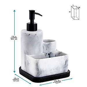 ZCCZ White Soap Dispenser with Sponge Holder, Kitchen Soap Dispenser Pump, Sponge Caddy and Brush Holder 3 in 1 Set Organizer for Sink Countertop, Removable Tray, Marble Look