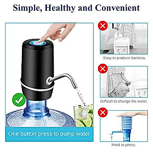Water Dispenser for 5 Gallon Bottle, USB Charging Electric Water Jug Dispenser, Portable Automatic Drinking Water Pump for Travel, Picnic, Camping, Home, Kitchen, Office (Black)