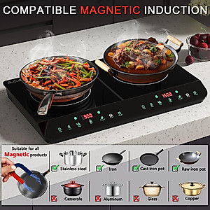 Induction Cooktop 2 Burner,1500W Double Induction Cooktop with LED Sensor Touch Screen 7 Temperature 5 Power Setting 120V 2 Burner Electric Induction Cooktop
