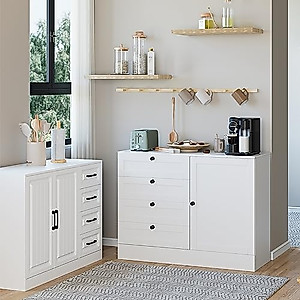 HOSTACK 4 Drawer Dresser with Door, White Chest of Drawers, Modern Storage Cabinet with Shelves | Deep Space, Wide Dresser Sideboard Buffet for Living Room, Dining Room, Hallway, White