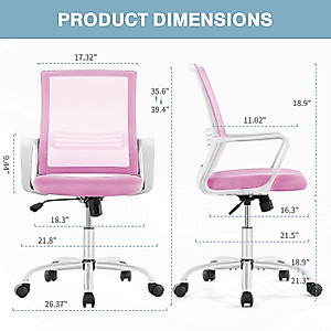 AFO Ergonomic Office Chair Adjustable with Comfortable Lumbar Support, Armrest and Padded Seat, 360 Degree Swivel, Mid Back Breathable Mesh, Rocking Mode, for Conference Room, Executive, Study, Pink