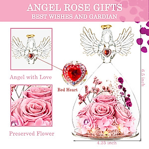 Lafloraita Mothers Day Preserved Rose Gifts for Women Mom Grandma Wife,Glass Angel Figurines with LED Light,Four Real Rose Flowers Sweet Pink