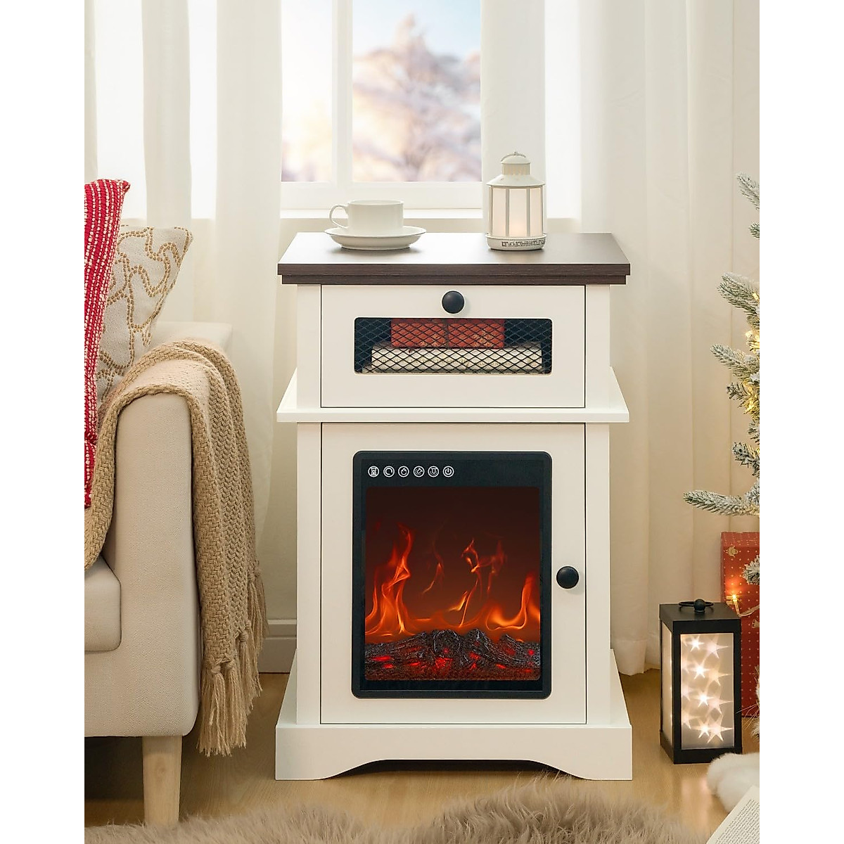 i-aplus White LED Nightstand Farmhouse Night Stand Fireplace Night Stand with Drawer LED Bedside Tables for Bedroom End Table