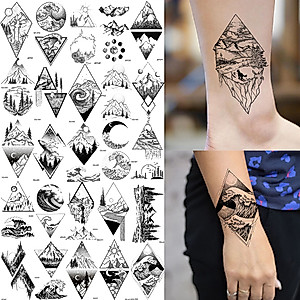 GOROMON 52 Sheets Small Black Mountain Temporary Tattoos For Men Women Adult, Geometric Sea Weave Forest Pine Tree Realistic Tattoo Sticker For Kids Children, Moon Sun Star Triangle Tatoos Outer Space