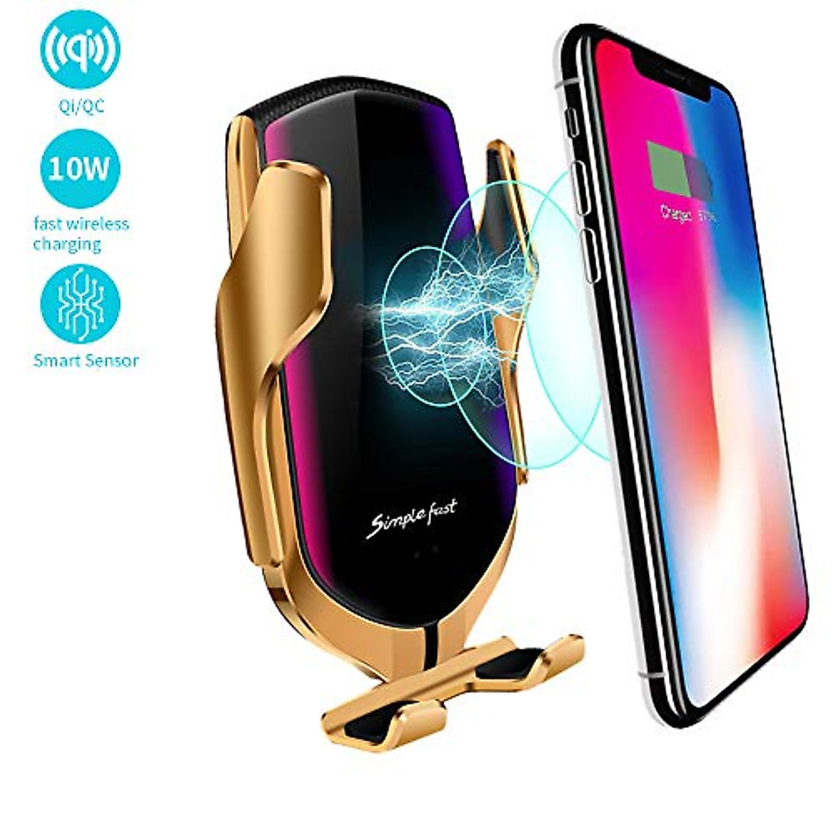 Survival-Pax Co. Smart Sensor Wireless Car Charger Mount, Automatic Clamping QC/QI 10W Fast Charging Car Charger Holder Compatible with iPhone 11/Xs/Xs Max/XR/X,Samsung Note 9/S9/ S9+/S8 etc (Gold)