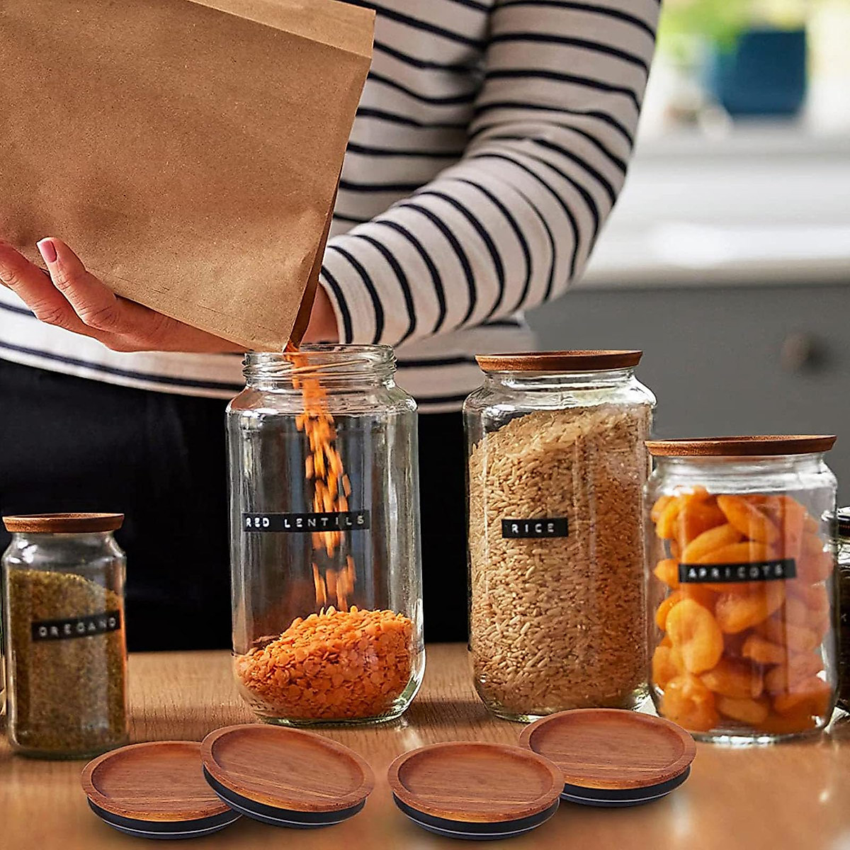 8 Pack Wide Mouth Mason Jar Lids Acacia Wood Mason Jar Lids with Silicone Seal Reusable Wooden Lids for Canning Jar Yogurt Cookie Dry Food Storage