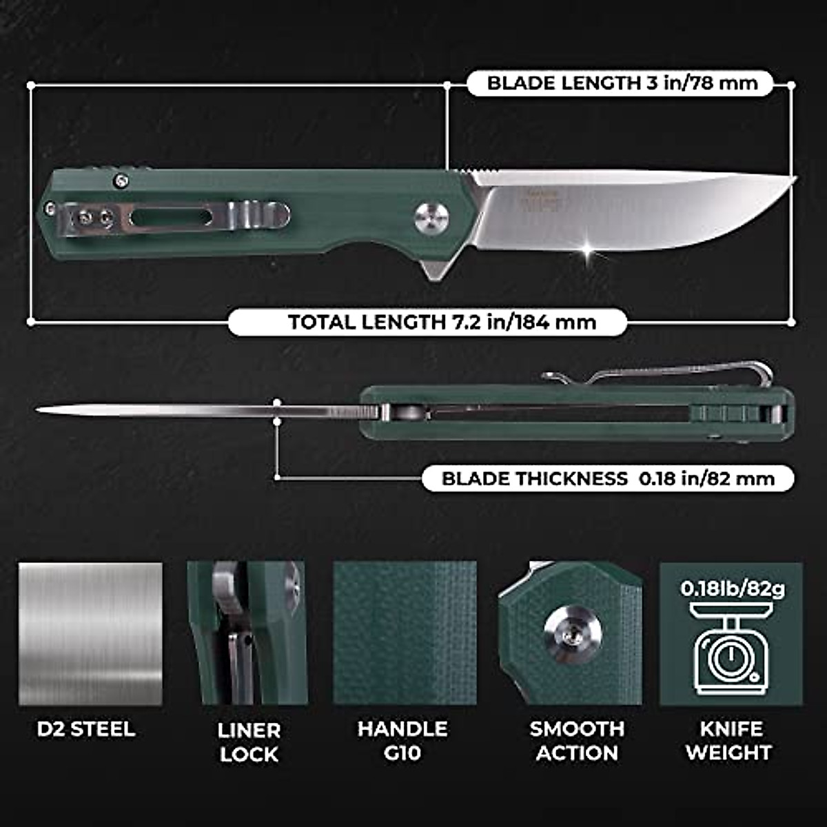 Firebird GANZO FH11 Top Pocket Folding Knife D2 Steel Blade Anti-slip G10 Handle with Clip Hunting Gear Fishing Camping Outdoor Folder EDC Pocket Knife (Green)