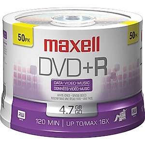 Maxell 639013 DVD+R Discs, 4.7GB, 16x, Spindle, Silver, 50/Pack
