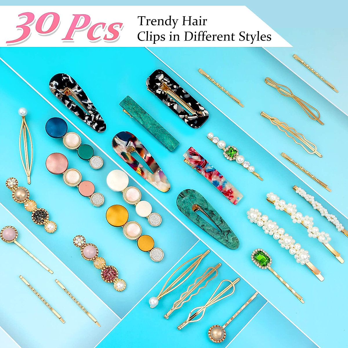 30 Pcs Acrylic Resin Barrettes, Cridoz Barrettes and Pearl Hair Clips for Women, Banges Hair Accessories