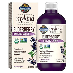 Garden of Life Mykind Organics Plant Based Elderberry Immune Syrup 6.59 fl oz (195 Ml) for Kids & Adults: Sambucus, Echinacea, Zinc & Vitamin C, 0g Sugar, Organic Vegan Gluten Free Herbal Supplement