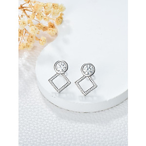 WTYIM 2CT Moissanite Diamond Geometric Stud Earrings for Women, 18K White Gold Plated Silver Square Push Back Earrings Birthday Valentine's Day Christmas Jewelry Gifts for Her Wife Girlfriend