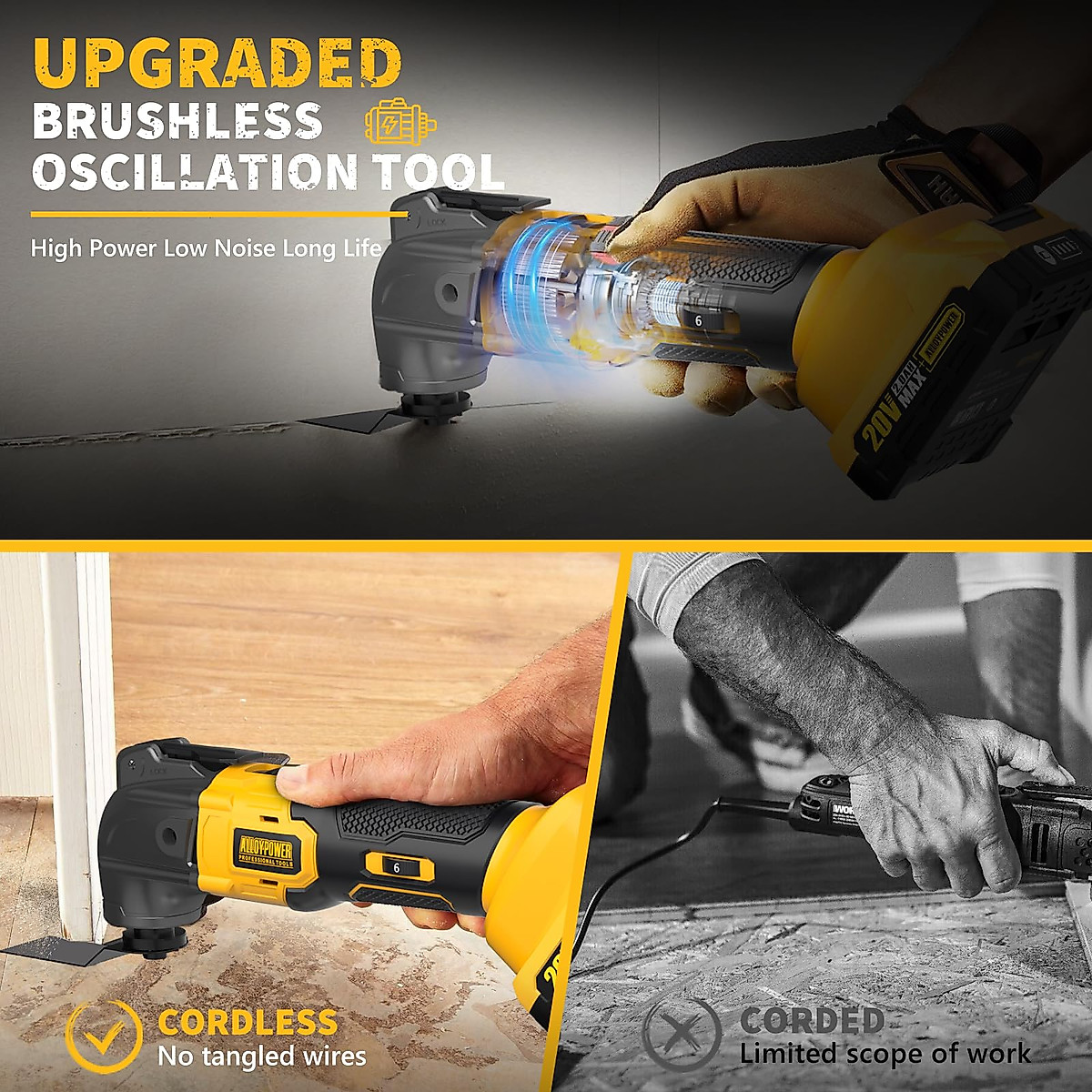 ALLOYPOWER 20V Cordless Oscillating Multi-Tool Kit, 22000 OPM, 4° Oscillating Angle, LED, 22 Pcs for Cutting/Grinding