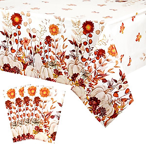 Newwiee 4 Pcs Thanksgiving Tablecloth Fall Pumpkin Plastic Tablecloths Maple Floral Fall Table Cloth Disposable Rectangle Fall Plastic Table Cover for Autumn Harvest Party, 54 x 108 Inch