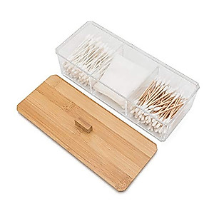 Agirlvct Wood Qtip Holder,Cotton Ball and Swab Holder Organizer with Lid,Jar for Cotton Rounds,Bathroom Containers,Q-tip Dispenser,Clear Acrylic Desk Organizer for Makeup Pads,Cosmetics Bedroom