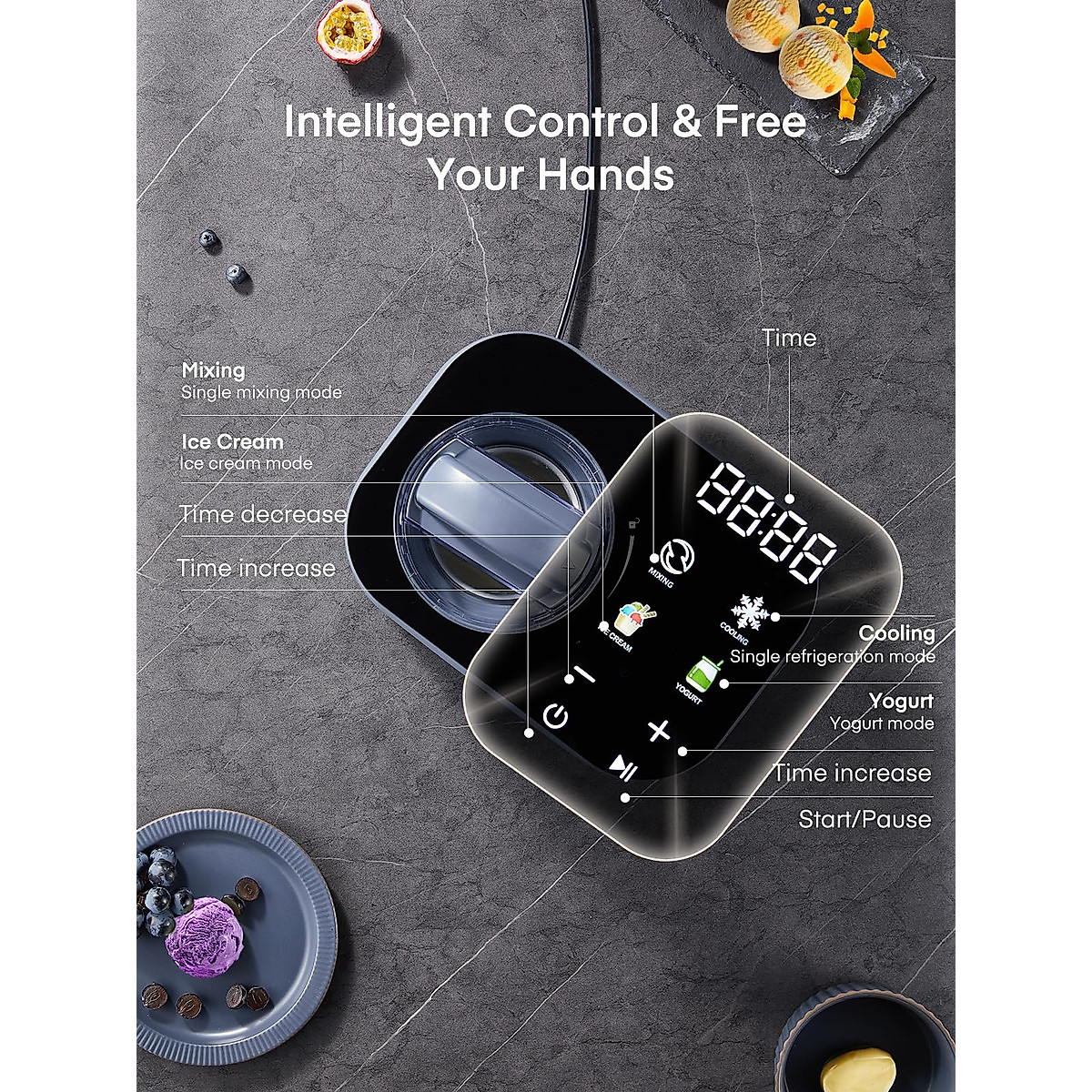Touch Screen 1.2-Quart Automatic Ice Cream Maker with Compressor, No Pre-freezing, 4 Modes Frozen Yogurt Machine with LCD Display & Timer, Electric Sorbet Maker Gelato Maker, Keep Cool Function