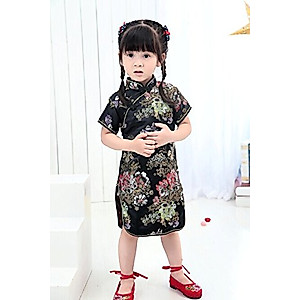 Hooyi Floral Baby Qipao Girl Dress Chi-Pao Cheongsam Kids Dresses (Black Peony, 8)