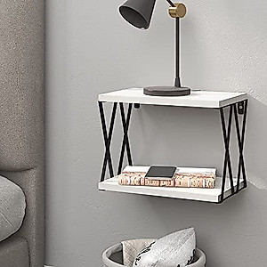 Afuly Bedside Table Wall Mounted, 2 Tier Rustic Wood Floating Nightstand for Bedroom Decor Storage, Black Wall Bedside Shelf for Home Livingroom Bathroom Kitchen Decorative