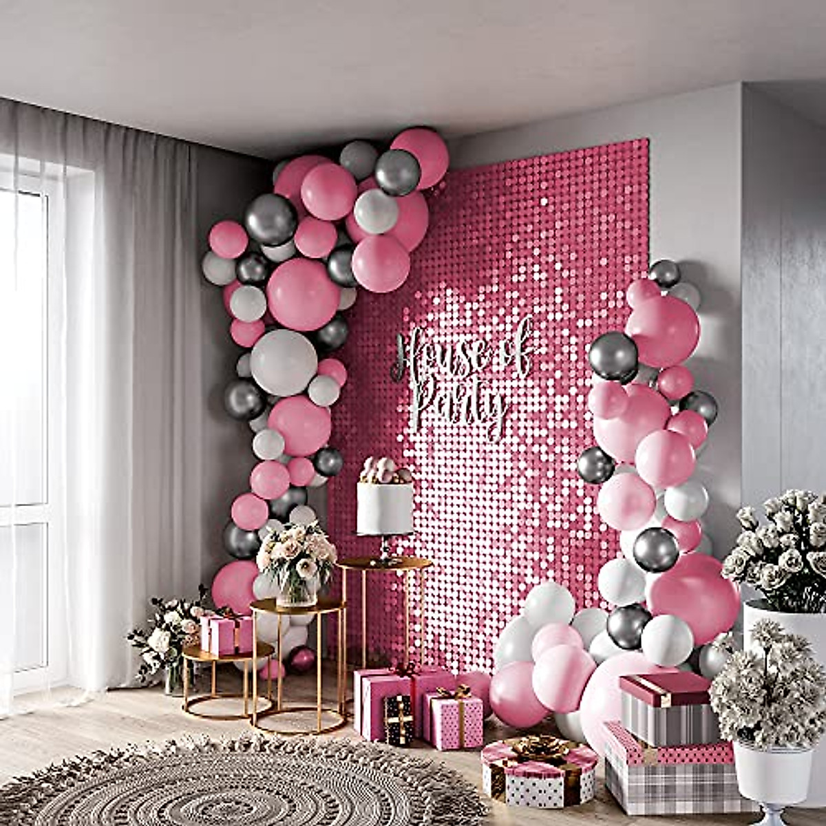 HOUSE OF PARTY Pink Shimmer Wall Backdrop - 24 Panels Round Sequin Shimmer Backdrop for Birthday Decorations | Wedding, Graduation & Bachelor Party Supplies