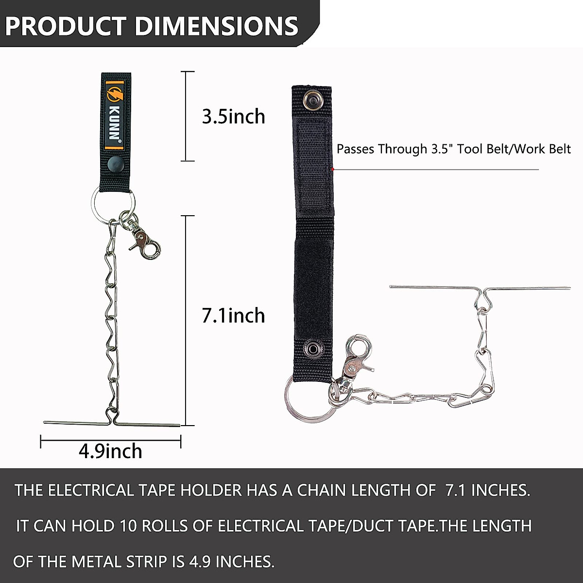 KUNN Electrical Tape Holder,Dual-Use Tape Thong,Enhanced Fast Tape Holder Chain for Tool Belt with Keyring,Snap Loop and Button(1Pack,Black)