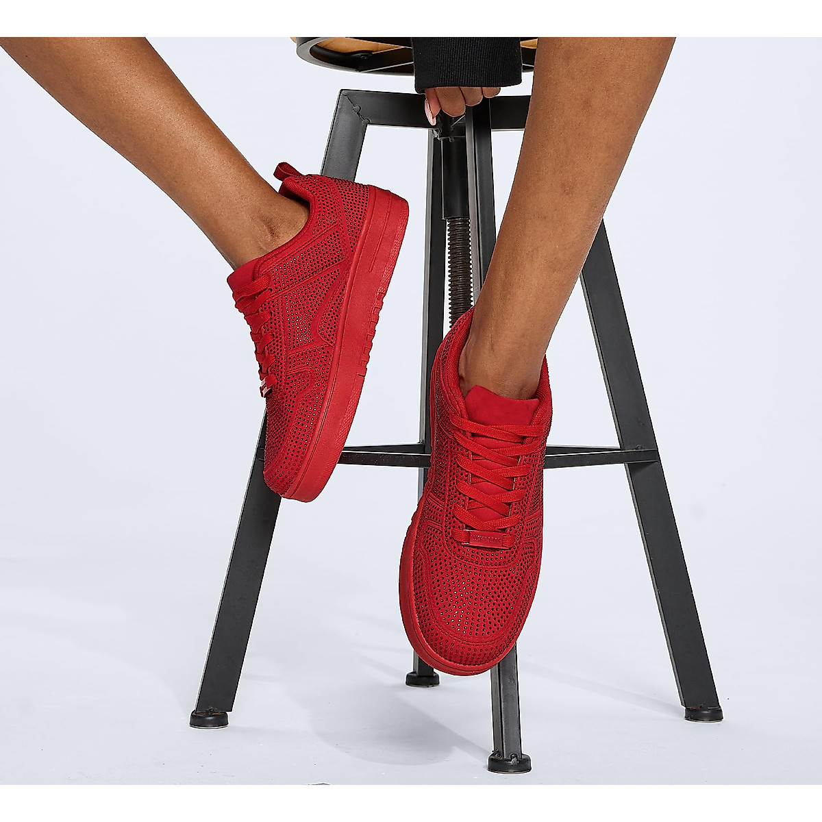 LUCKY STEP Women Fashion Sparkle Rhinestone Sneakers White Leather Low Top Tennis Shoes Lace Up Casual Comfortable Walking Shoe(Red Rhinestone,10B(M) US)