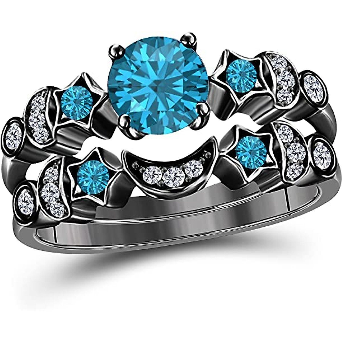 Moon Star Style Wedding Band Bridal Set 1.75 tcw CZ Blue-Topaz & Cubic Zirconia Round Engagement Ring Set 14k Black Gold Plated 925 Sterling Silver