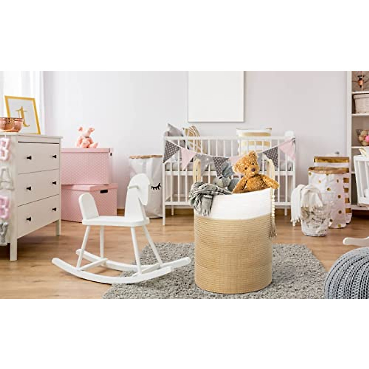 Pack of 2 Tall Woven Laundry Basket Collapsible for Storage Clothes Basket Laundry Hamper Basket for Bedroom Living Room Nursery Blanket Pillow Toy Dirty Clothes Hamper (2 Pack Ochre)