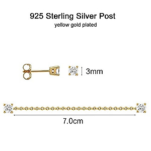 BRAYEG Gold Chain Earrings Double Piercing 3mm Cubic Zirconia 7cm Long Chain Double Stud Earrings Hypoallergenic Jewelry Gift for Women