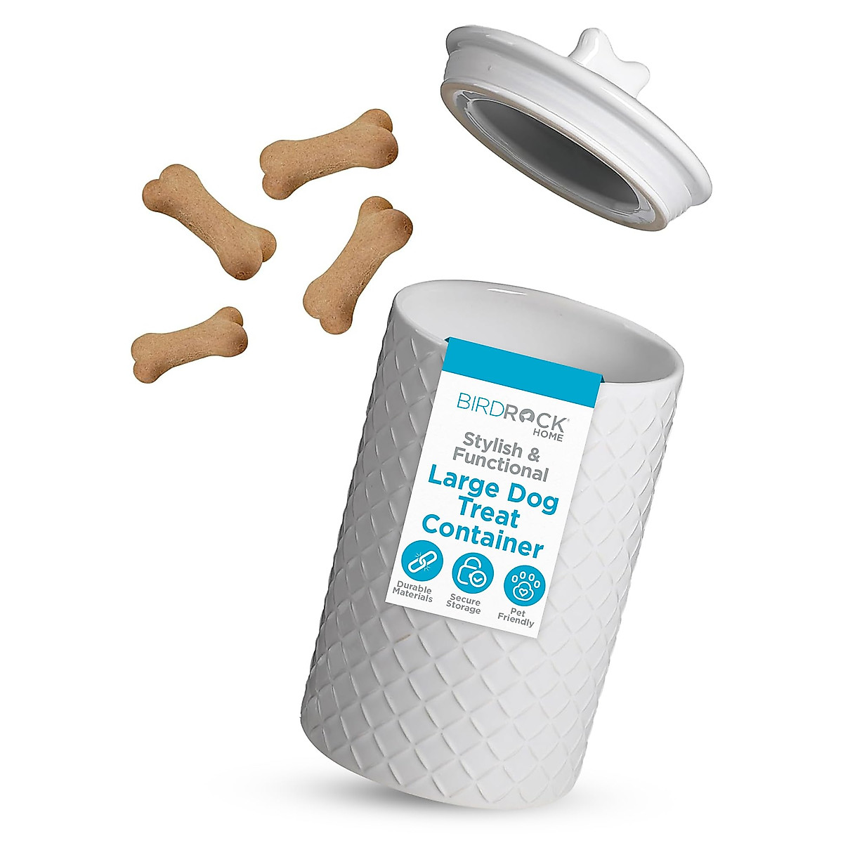 BIRDROCK HOME Large Dog Treat Container Jar | Holds 7 Cups | Durable White Ceramic Canister with Airtight Seal & Bone Handle Lid | Ideal for Kitchen Counter or Pantry Storage | Pet Food Safe | 9" x 5"