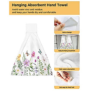 Spring Blossom Flowers and Butterfly Hanging Kitchen Towels Soft Absorbent Hand Tie Towels Set with Hook&Loop,Botanical Plants on White Tea Bar Dish Cloths Towel for Bathroom Laundry Room BBQ,2pc